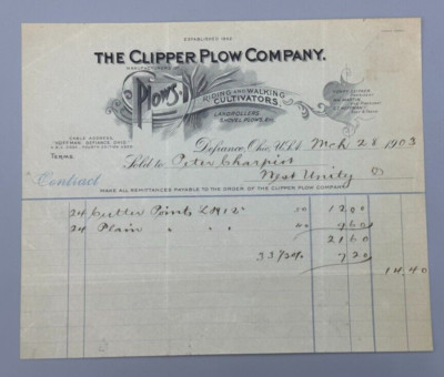 1903 CLIPPER PLOW Company Letterhead Bill Antique Farm Advertising ...
