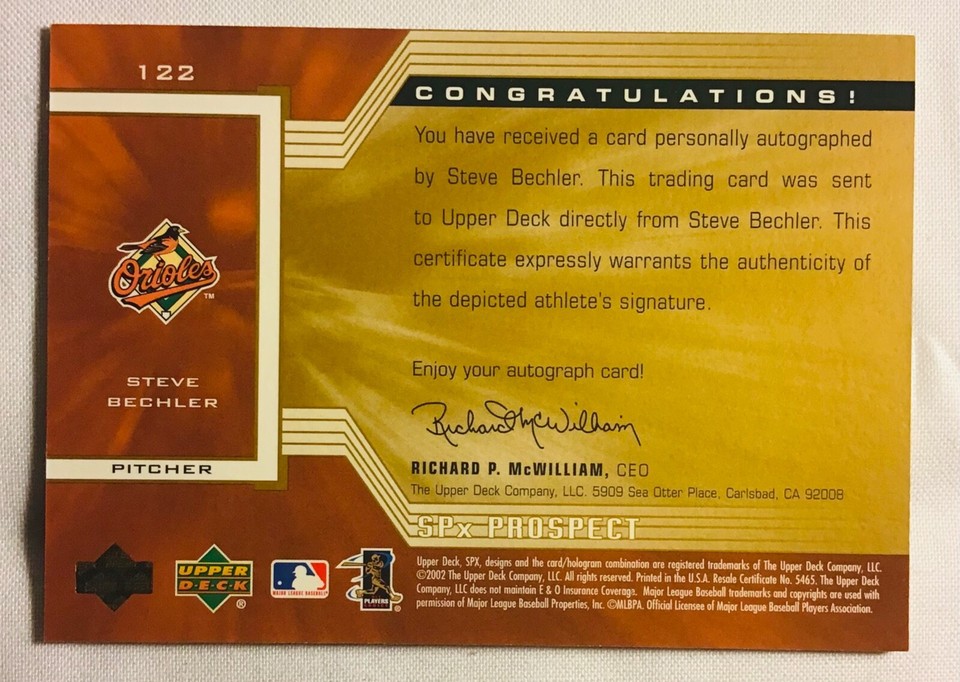 Baltimore Orioles STEVE BECHLER signed autographed auto CERTIFIED RC ...