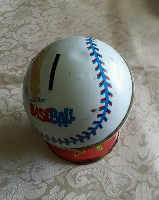 VTG OHIO ART COMPANY METAL TIN BASEBALL THEME COIN BANK MISSING BOTTOM ...