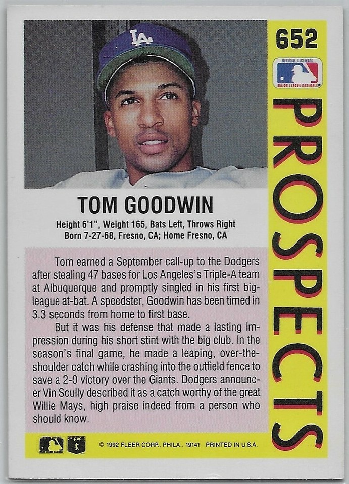 1992 Fleer Baseball Card #652 Tom Goodwin Prospects (Rookie) L.A ...