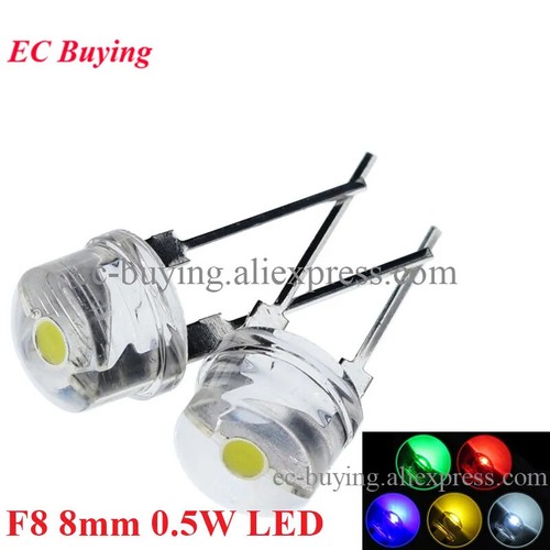 10pcs Straw Hat LED Diode F8 8mm 0.5W Ultra Bright Transparent Colors ...