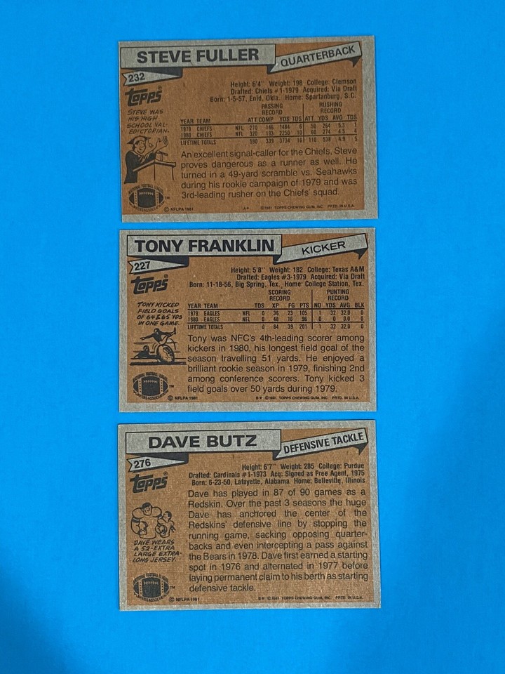Vintage 1981 Topps 3 card NFL lot- Steve Fuller + Tony Franklin + Dave ...