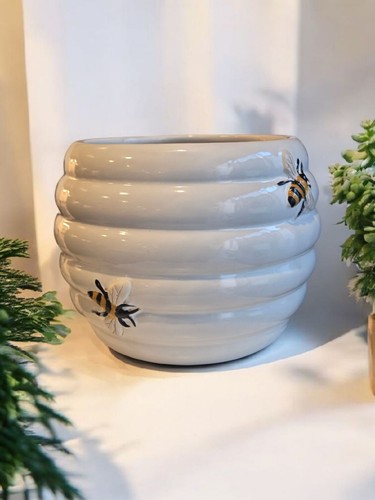 New White Bee Hive Bumble Bee Ribbed Suummer Flower Planter Pot Decor ...