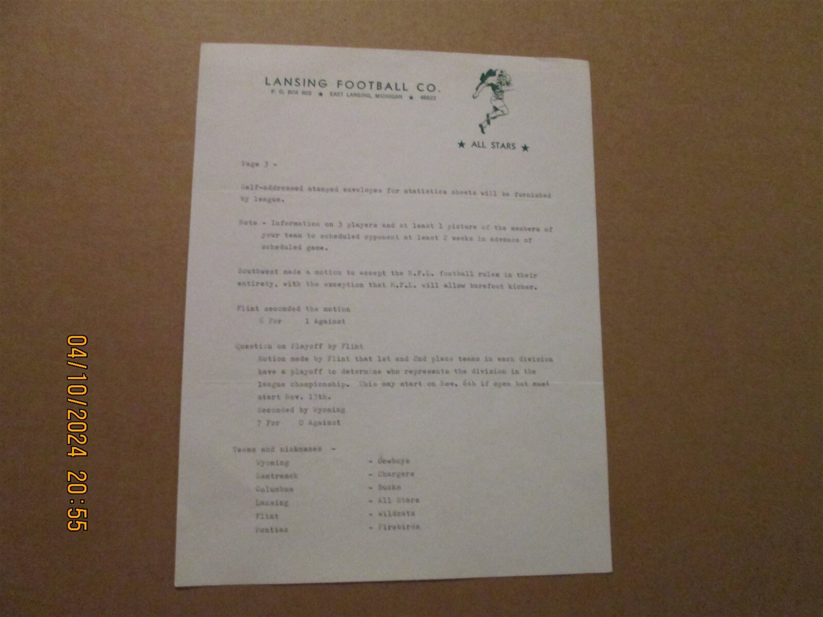 MFL Lansing All Stars Football Co. Vintage Team Logo Football ...