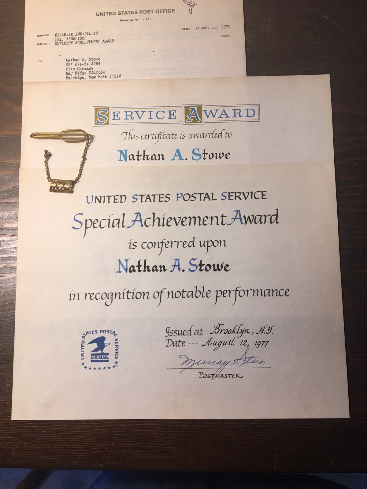 USPS United States Postal Service Award Nathan Stowe Murray Stein James ...