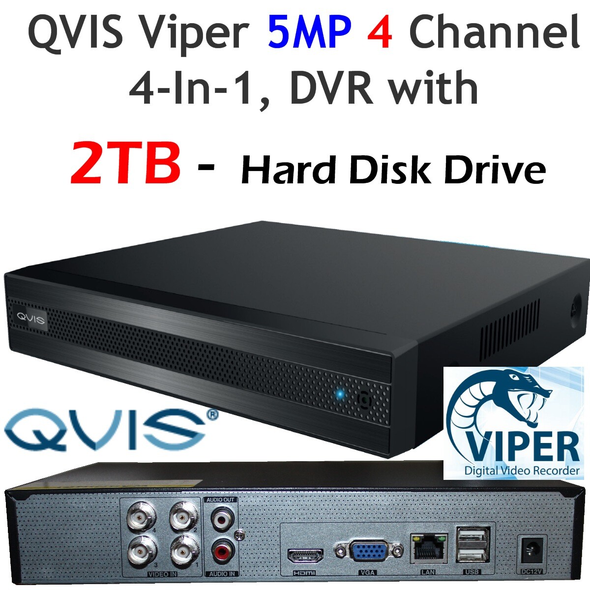 QVIS CCTV Camera DVR 5MP Viper 4/8 Channel 4-In-1 1, 2, and 4 TB HARD ...