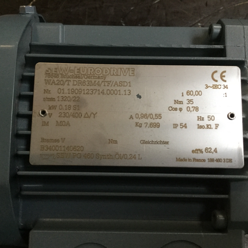 WA20T/DR63M4/TF/ASD1 SEW Eurodrive 4P 0,18kW 230/400V i=60 AL | eBay