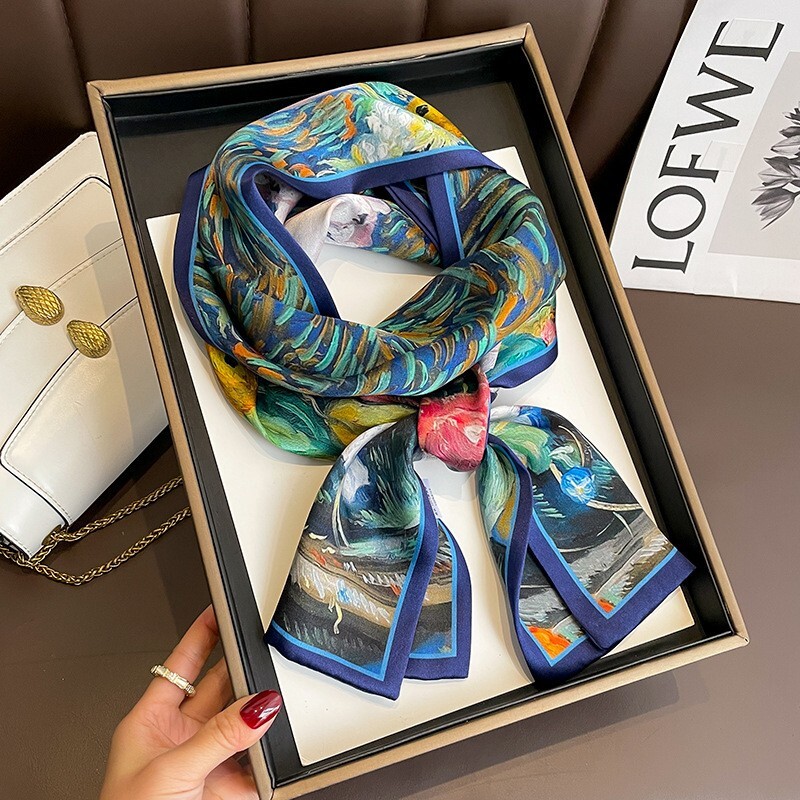 Double Side 100% Pure Silk Long Scarf Women Vintage Floral Neckerchief ...
