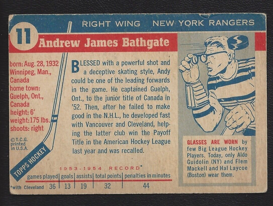 1954 Topps #11 Andy Bathgate HOF Vintage New York Rangers NHL Hockey ...