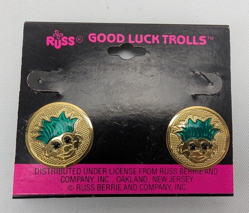 Vintage Russ Good Luck Trolls Earrings Round Gold Tone Green Hair ...