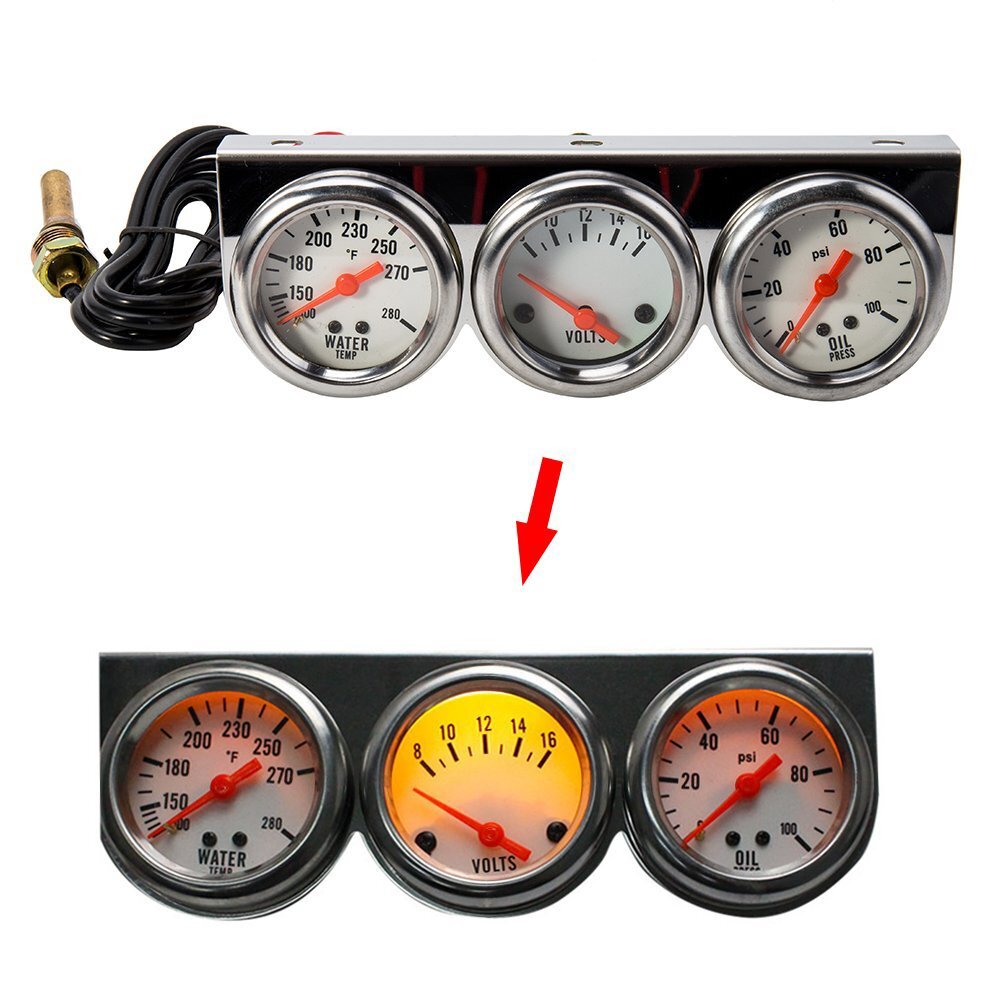 2'' 52mm Mechanical Chrome Triple Gauge Set Water Temp Oil Pressure ...