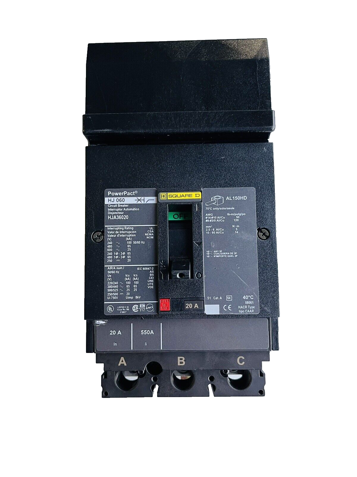 Square D HJA36020 20 Amps 3 Pole Power Pact Circuit Breaker | eBay