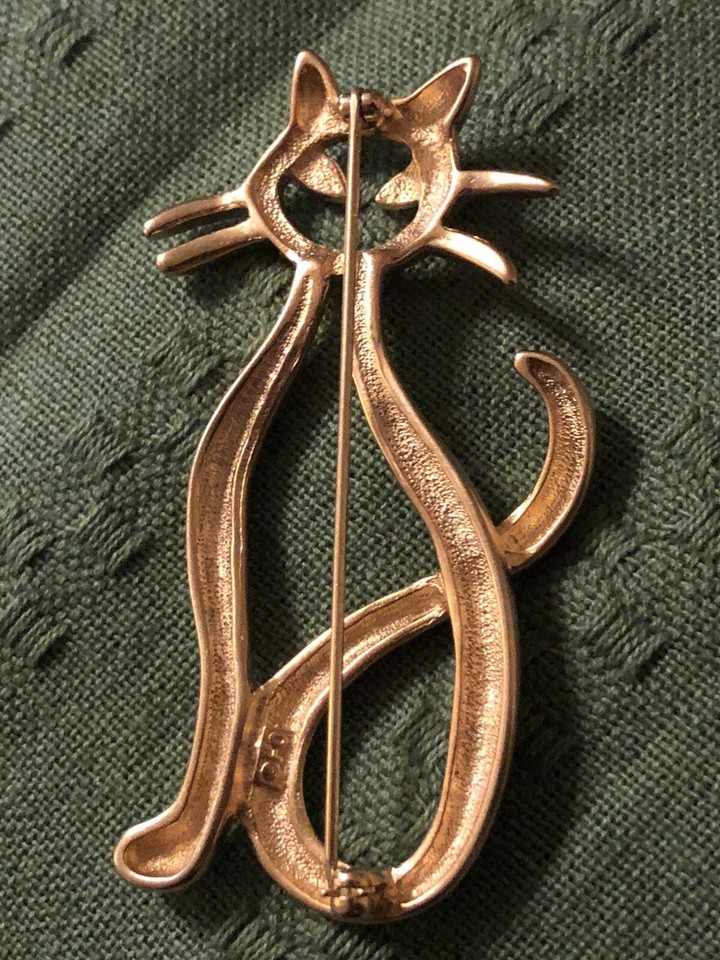 Vintage Rhinestone Green Eyes Gold Cat pin Signed FO Fernando Originals ...