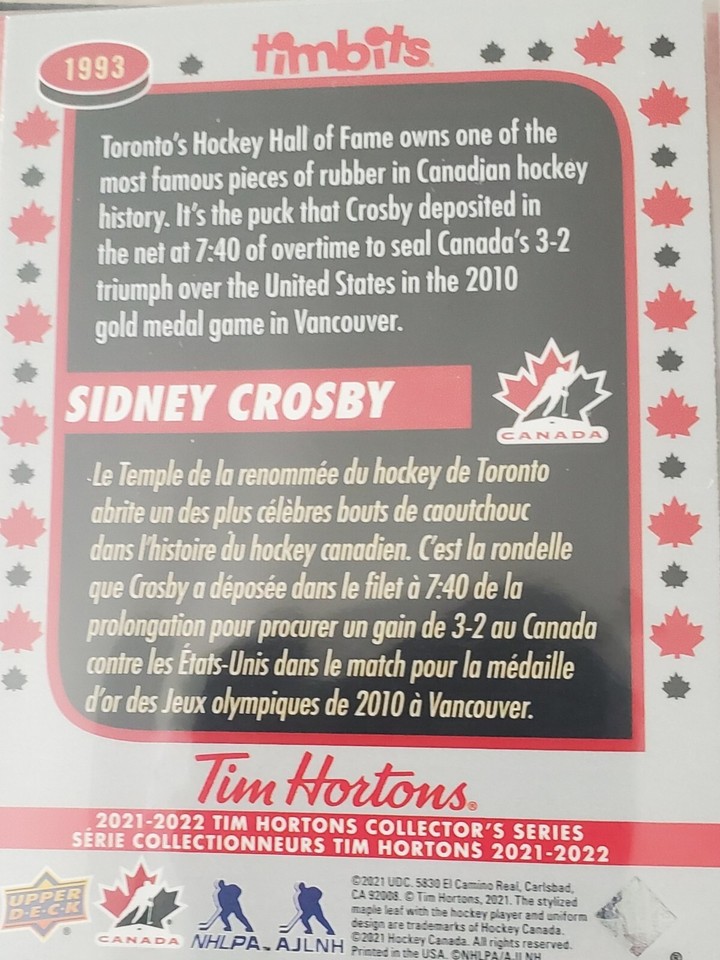 2021/2022 Tim Hortons SIDNEY CROSBY timbits card | eBay