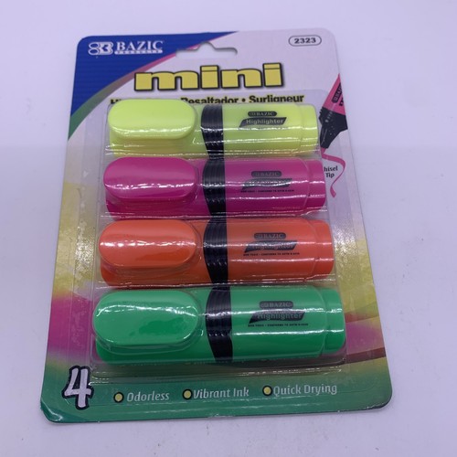 Bazic Products Mini Highlighters 4 Ct Multicolor Chisel Tip Vibrant Ink ...