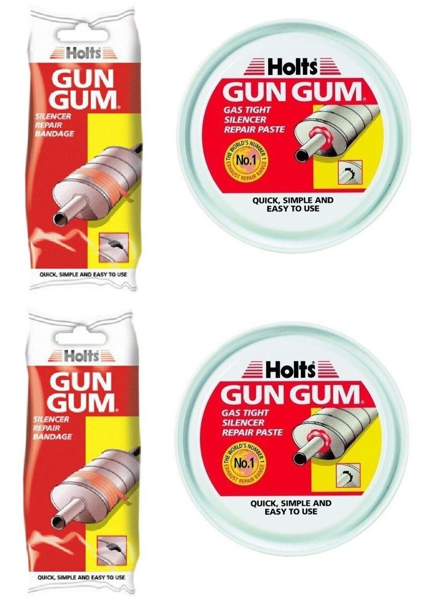 2 x HOLTS "GUN GUM" SILENCER EXHAUST REPAIR PASTE & 2 x REPAIR EXHAUST ...