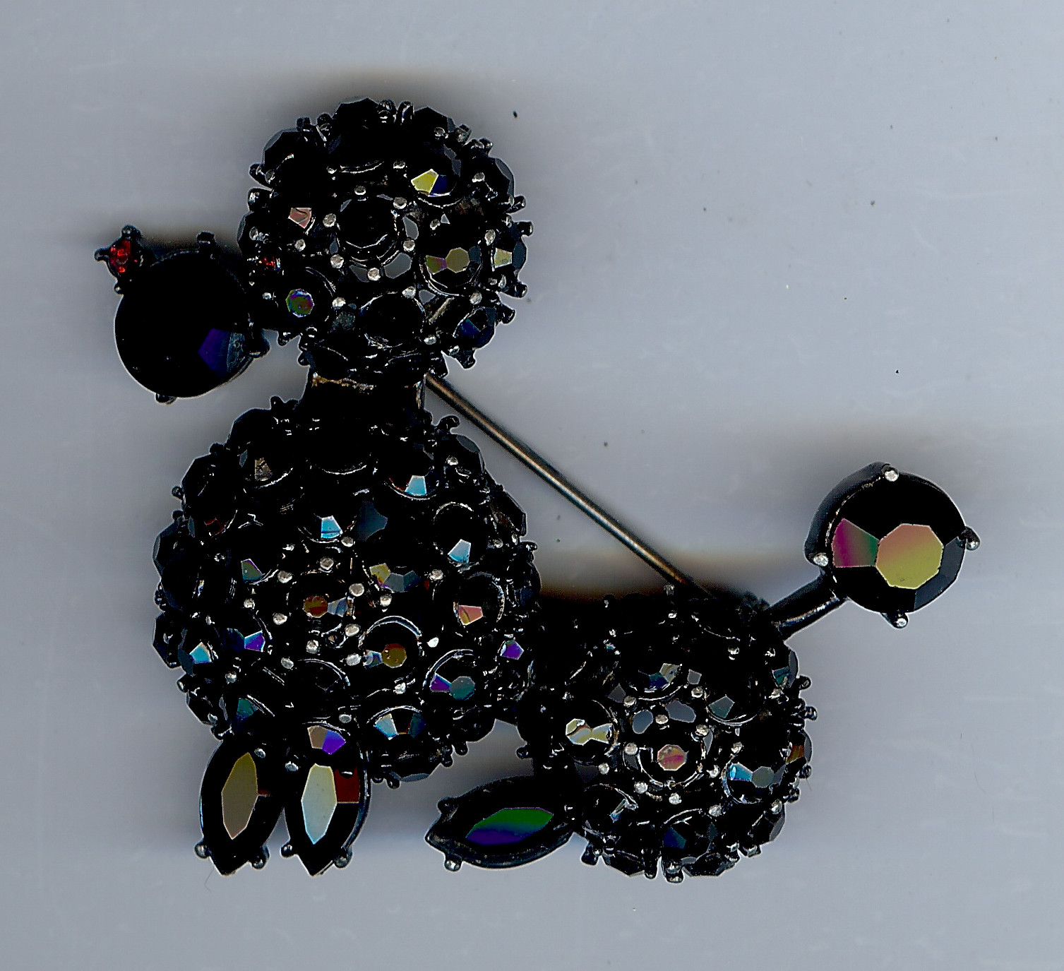 VINTAGE BLACK & RED RHINESTONE POODLE DOG PIN - Gem