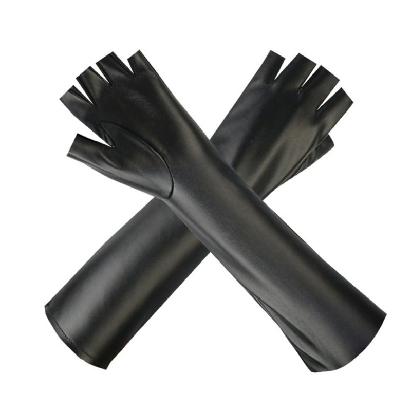Women Black Leather Fingerless Arm Gloves Long Style For Dance ...