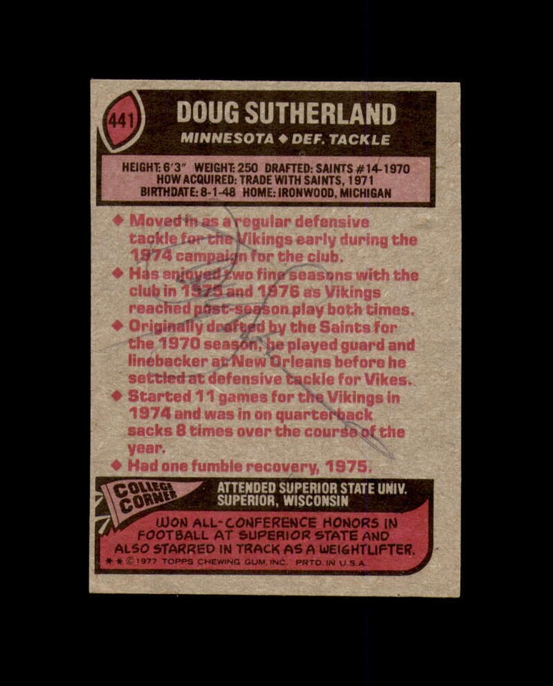 Doug Sutherland Hand Signed 1977 Topps Minnesota Vikings Autograph | eBay