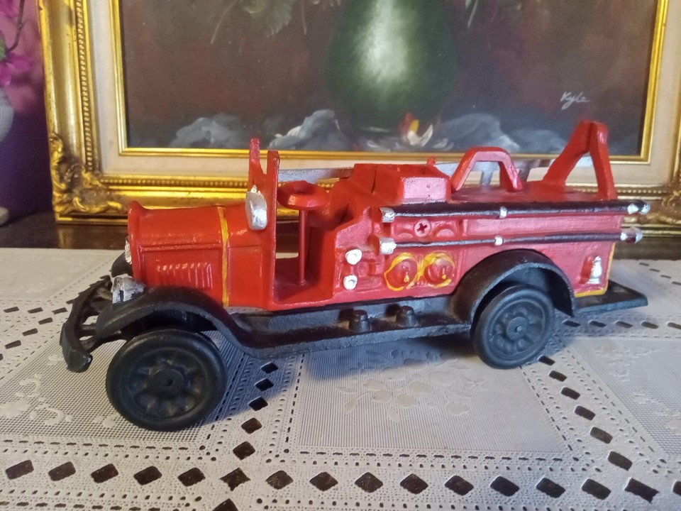 Vintage Cast Iron Fire Truck Red And Black With Removable Ladder Made ...