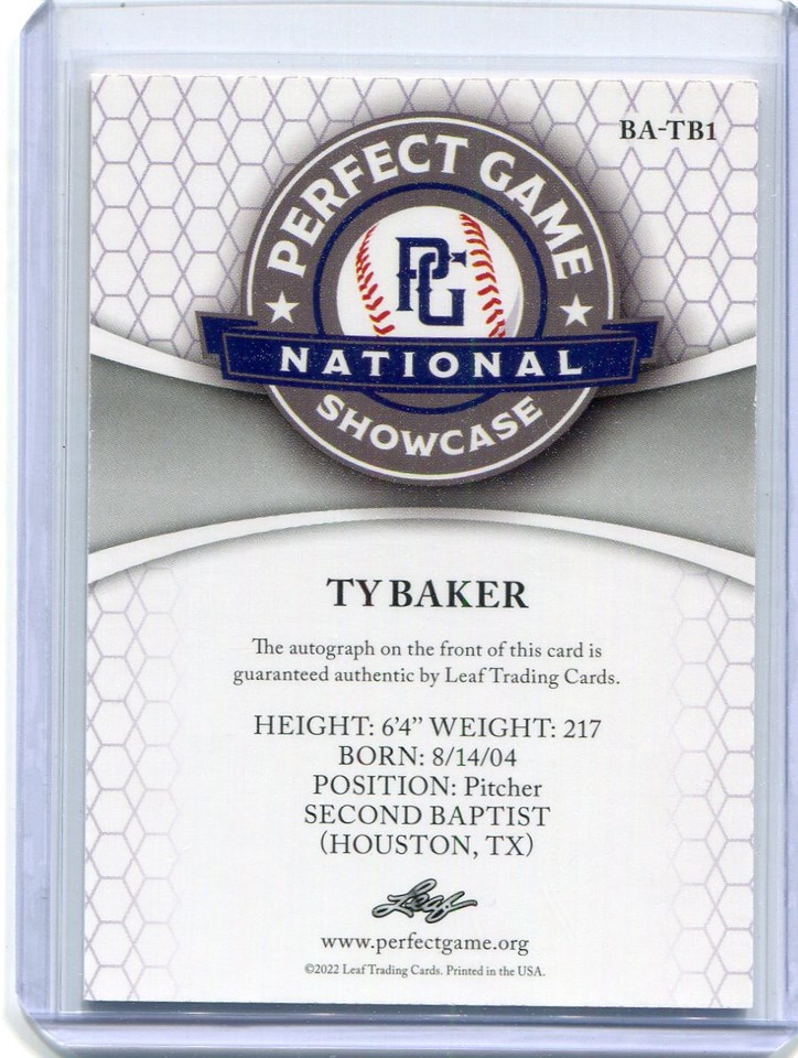 2023 Leaf Perfect Game Showcase Autographs Yellow Ty Baker Auto 19/20 ...