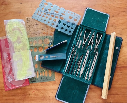 Vintage RARE Lot Draw Engineer Tool Stencils Pens Ruler Set 606.50380 ...