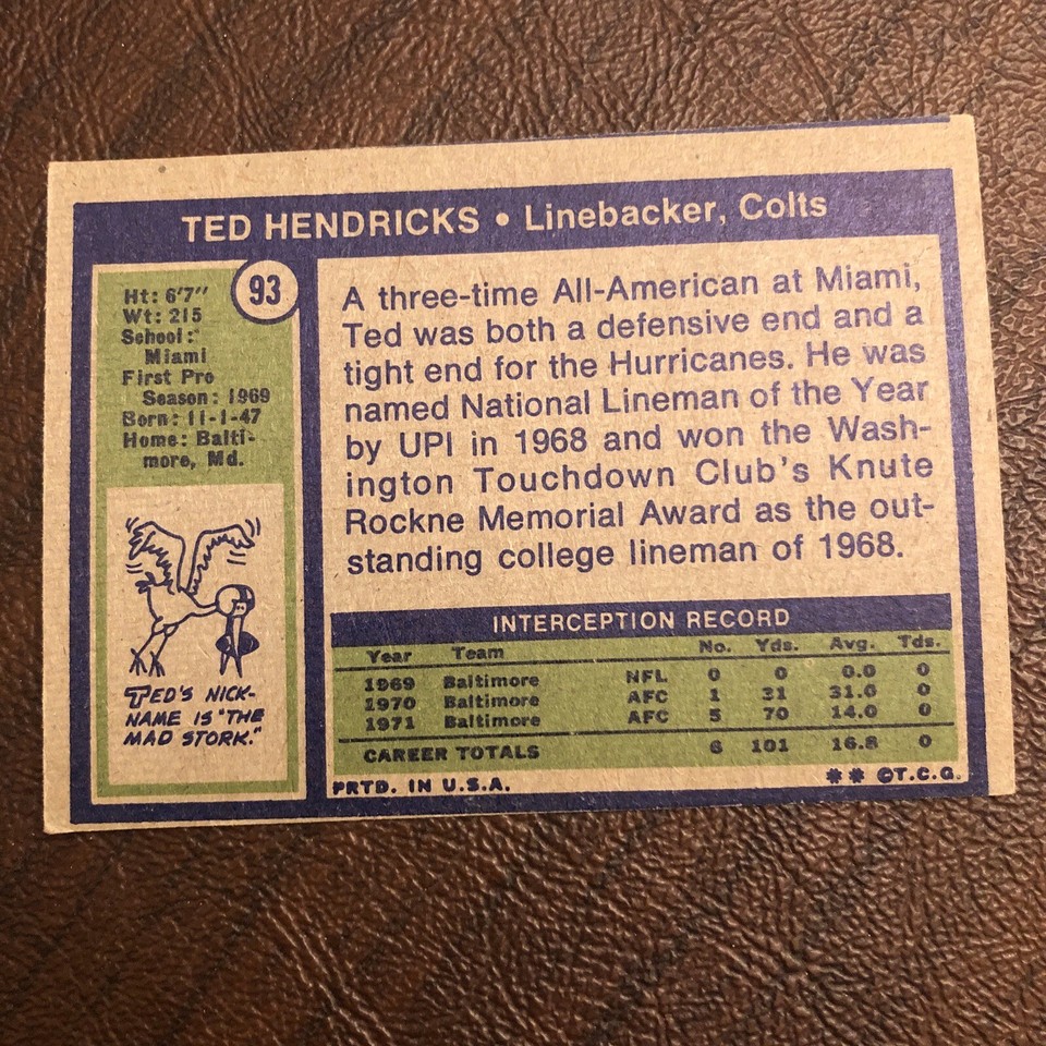 1972 TOPPS TED HENDRICKS #93 BALTIMORE COLTS ROOKIE RC CARD HOF STORK ...