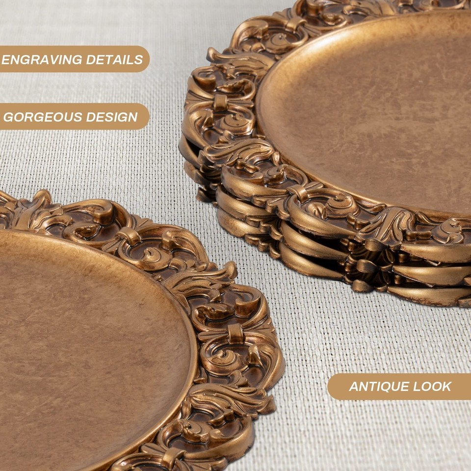 13" Antique Gold Charger Plates with Embossed Rims Set of 4 Plastic ...