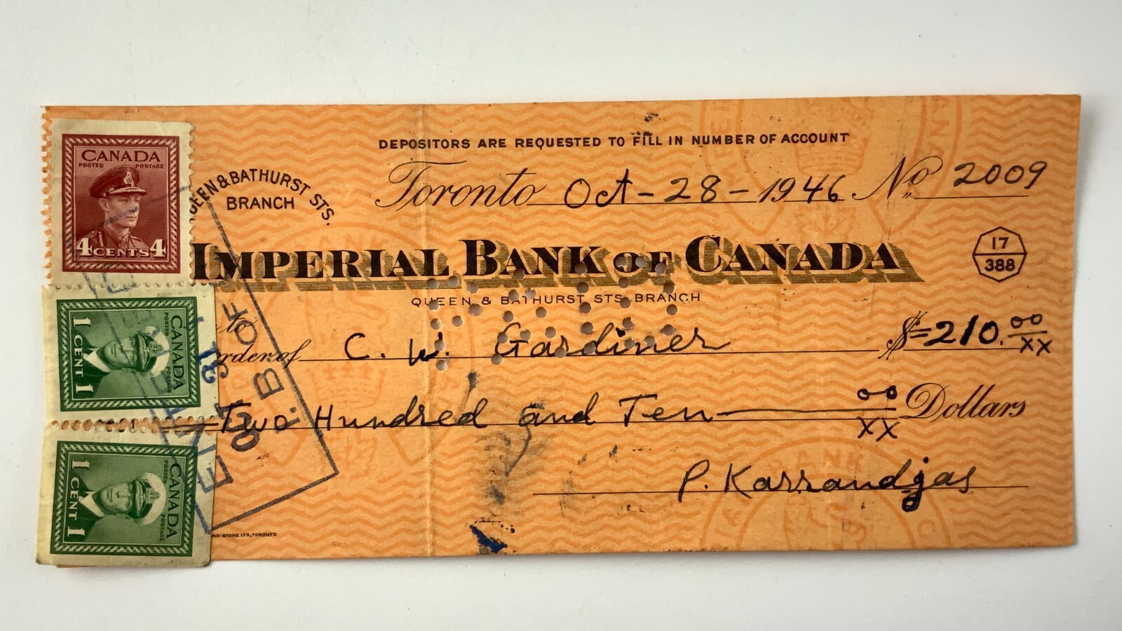 Imperial Bank of Canada Queen & Bathurst Sts Branch 1946 Cheque BB448 ...