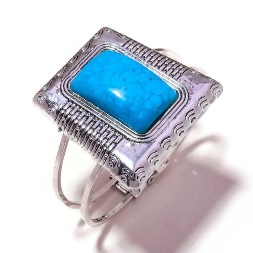 Blue Turquoise Rectangle Cab Gemstone Hand-Crafted Engraved Cuff Bangle ...