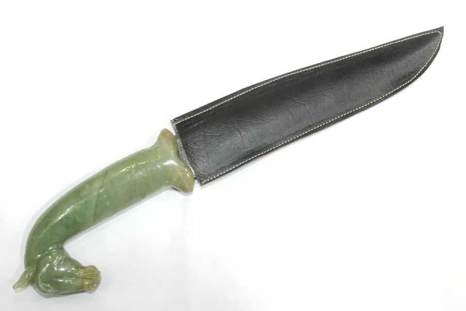 Dagger Knife Damascus Steel Blade Horse Jade Stone Handle Silver ...