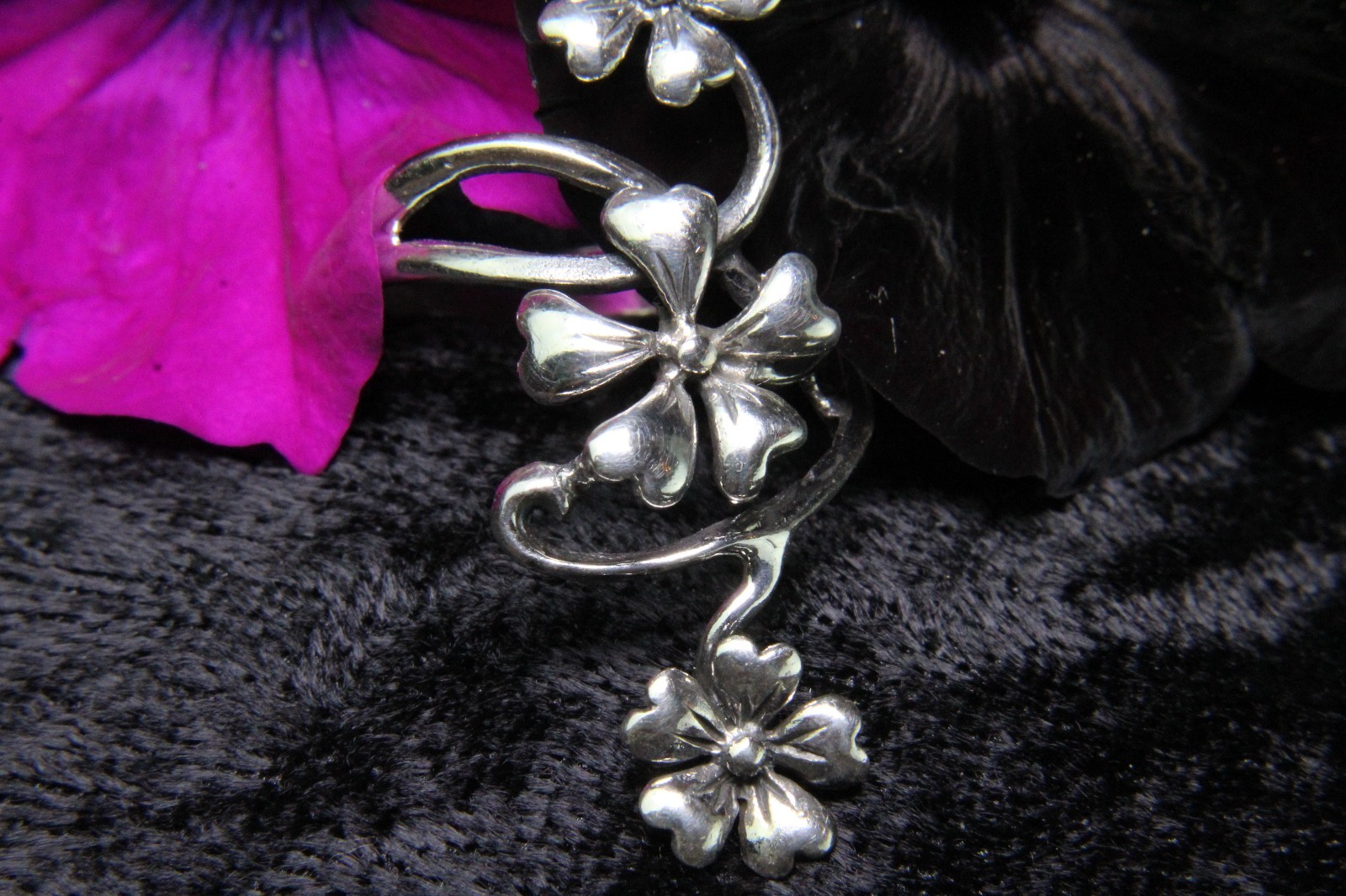 Sterling Silver Flower Ring with Winding Vine Graceful Long Statement ...