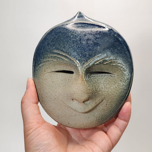 Studio Art Pottery Ceramic Sculpture Smiling Face Signed Blue Tan ...