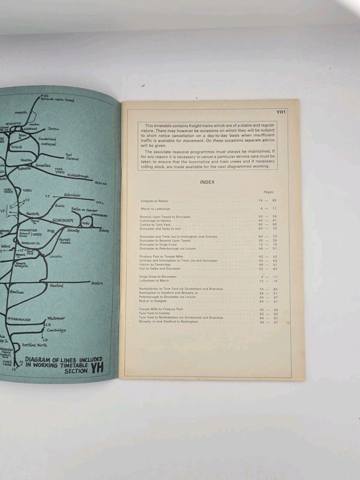 BR Eastern Region Freight Train Working Timetable Section YH 1985 1986 ...