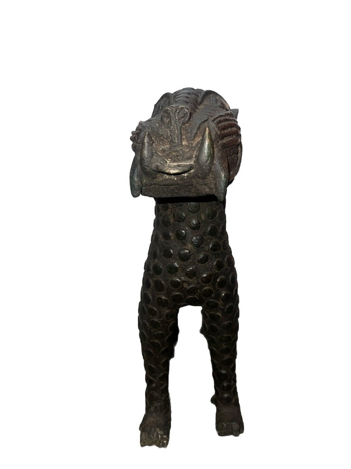 African Royal Leopard Oba Cast Bronze Benin H14 Inch 13 Inch Wide 20