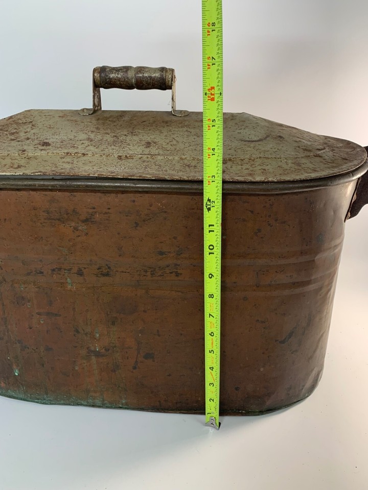 Vtg 24" Large Copper Boiler Wash Tub Tin Lid Wood Handles Primitive ...