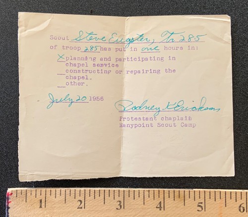VTG 1950s MANY POINT CAMP Protestant Chaplain Service RECORD NOTE ...