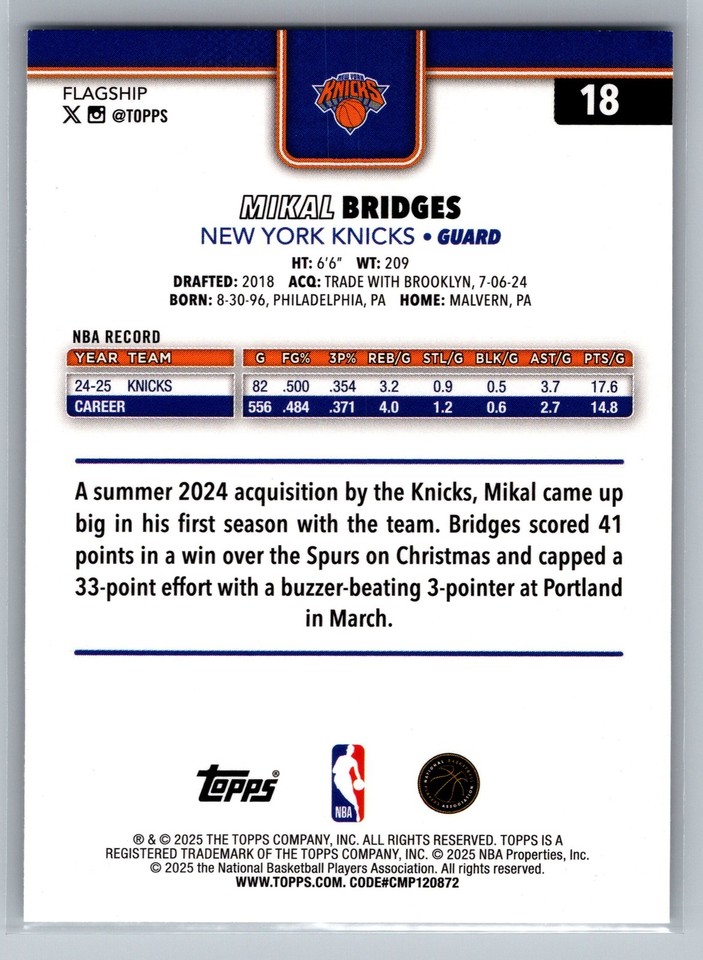 2025-26 Topps #18 Mikal Bridges Logo Foil Pattern New York Knicks | eBay