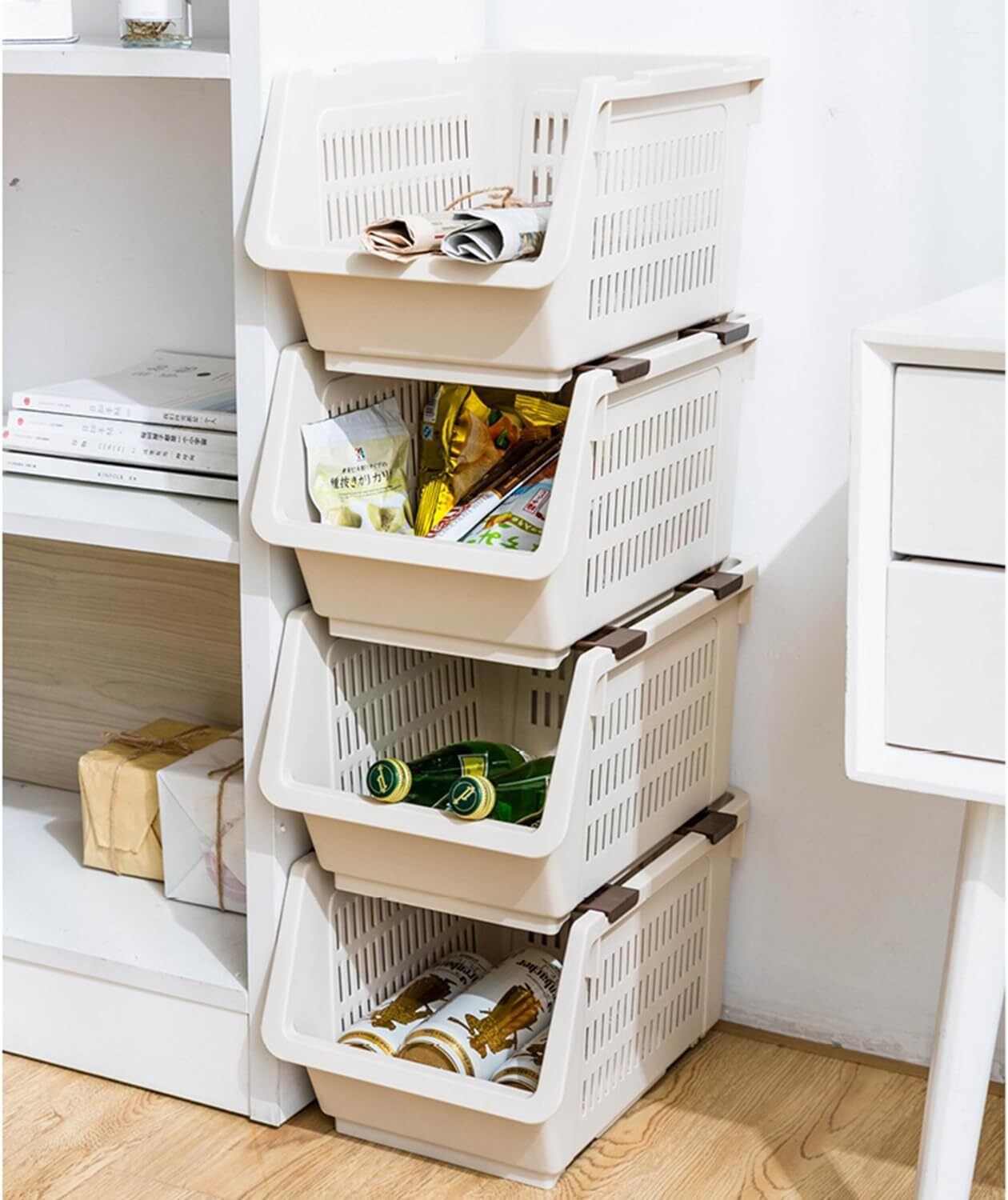 Plastic Stacking Wheel Basket Set Kitchen Office Storage Rack Stackable ...