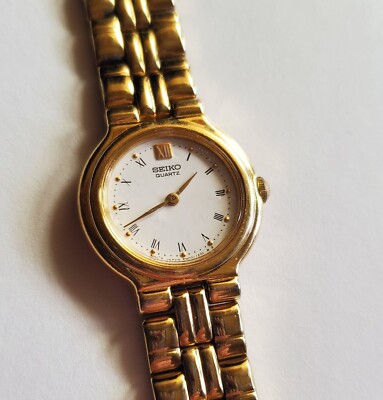 Seiko Womens 4N00-0291 Quartz Watch Gold Bracelet Band Case White Dial ...