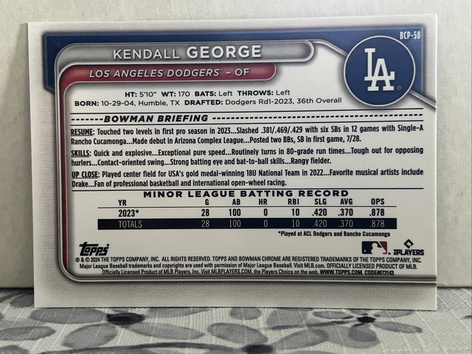 2024 Bowman Chrome Kendall George Green Border Prospect Baseball Card ...