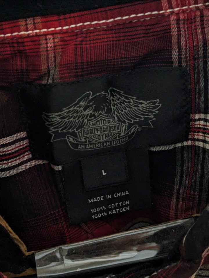 Harley-Davidson Snap Button Shop Shirt Men L Red Plaid HDMC Patch Biker ...