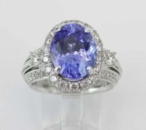 2Ct Oval Cut Lab Created Blue Tanzanite Halo Wedding Ring 14K White ...