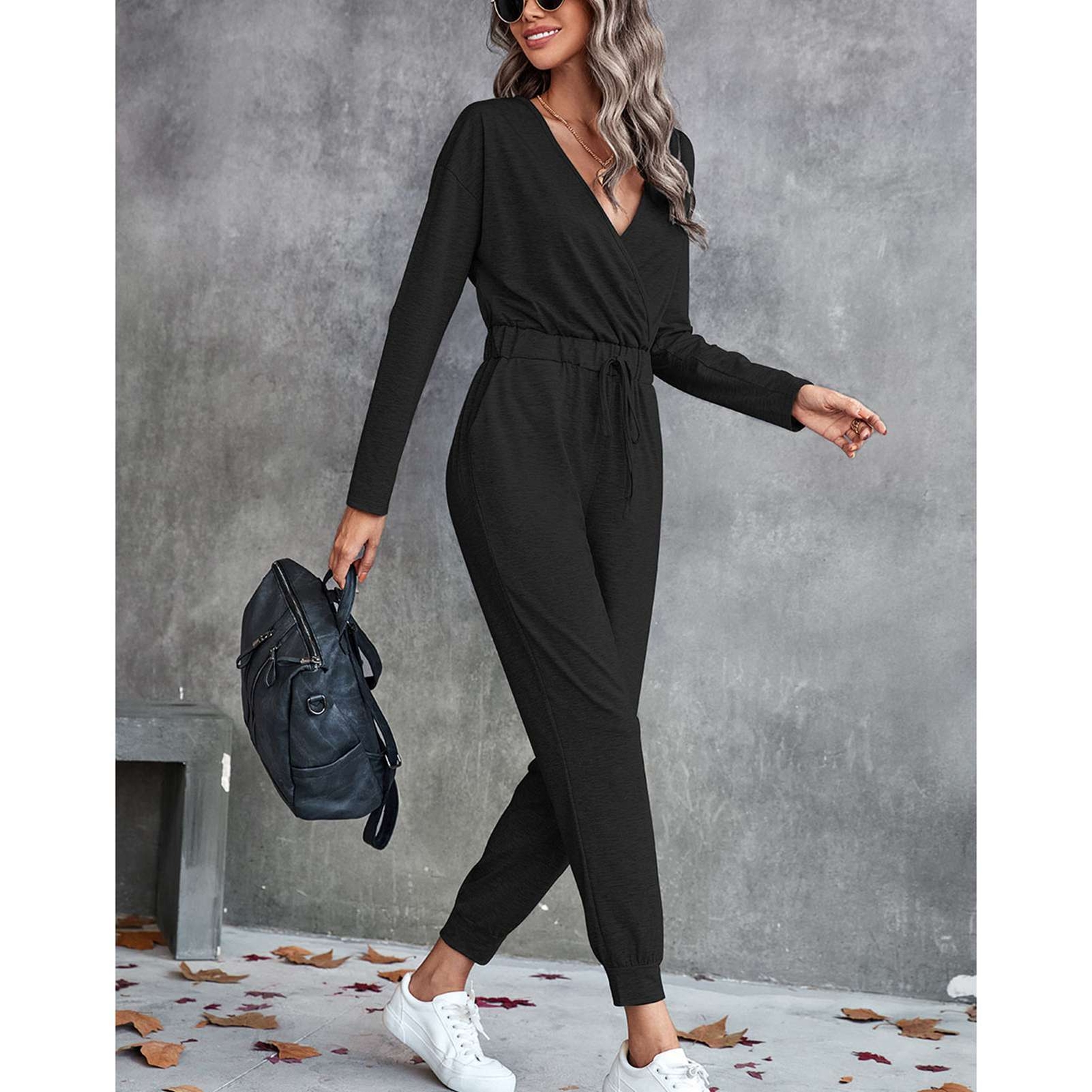 Jumpsuit Deep V Neck Skin Friendly Jumpsuits Jumpsuit 2 Pockets(Black L ...