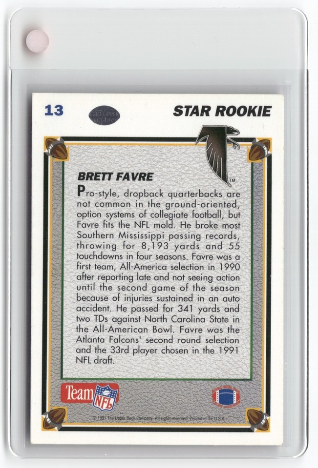 1991 Upper Deck Base Set Rookie #647 Brett Favre (RC) ATLANTA FALCONS ...