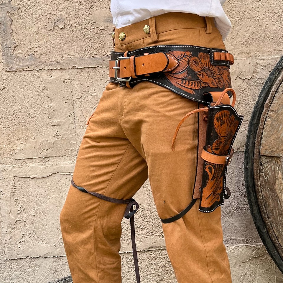 44/45CAL LEATHER TOOLED HOLSTER WESTERN COWBOY RIG GUN BELT DROP LOOP ...