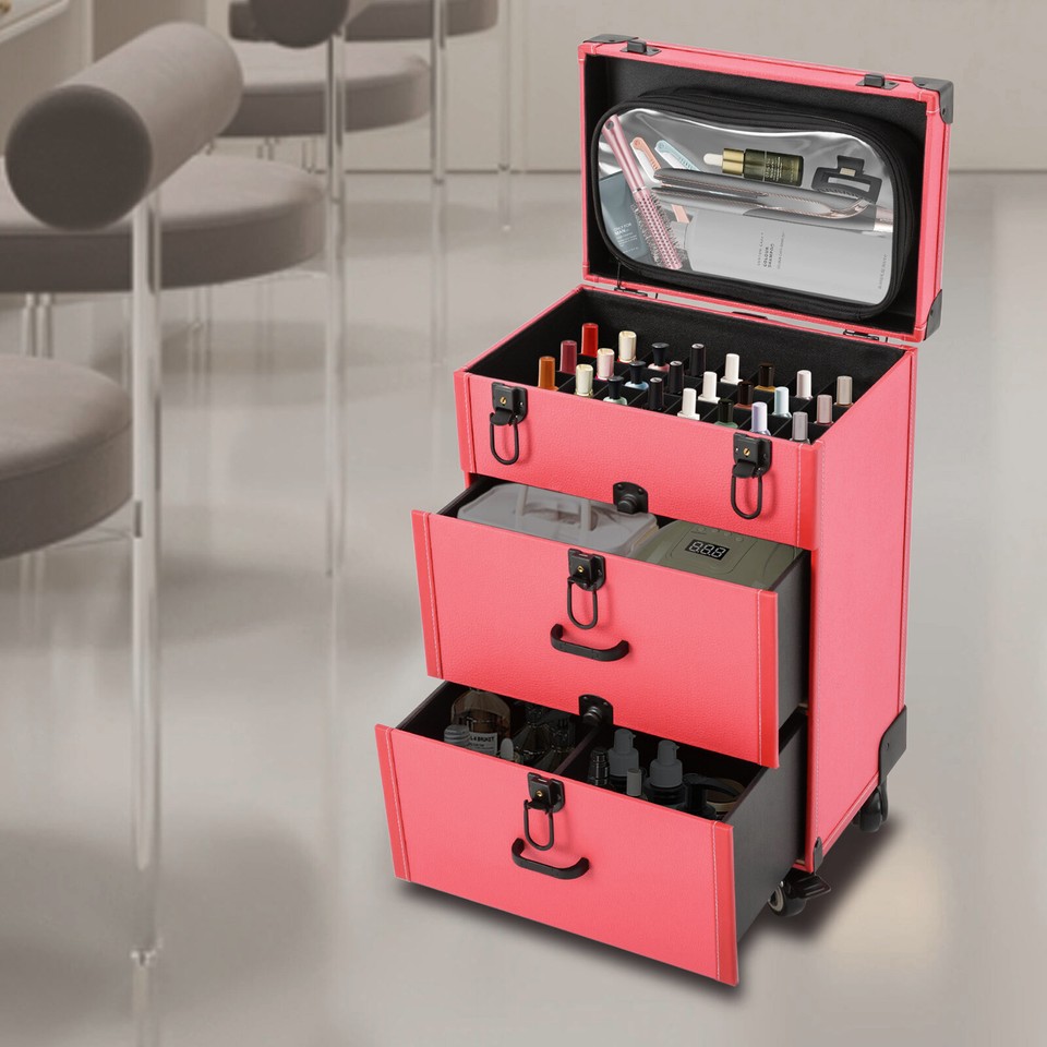 TOP Rolling Makeup Trolley Case Jewelry Travel Cosmetic Train Case with ...