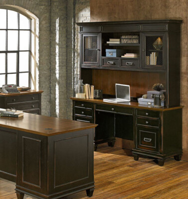 Hartford 3 Piece Home Office SET - Desk, Credenza & Hutch - Black & Tan ...