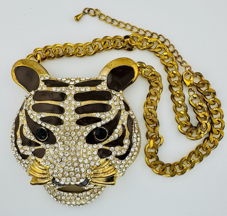 Gold Tone Tiger Face Pendant Necklace Rhinestone Statement 20” | eBay