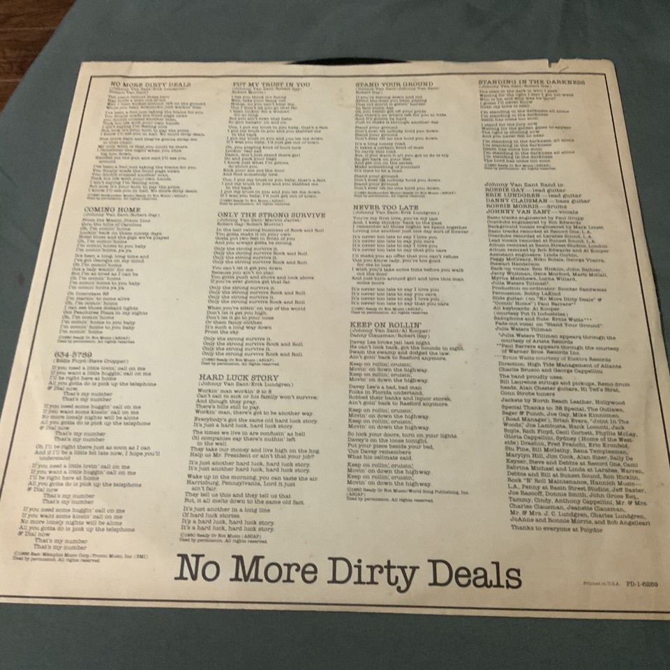 The Johnny Van Zant Band ‎– No More Dirty Deals (1980 US) Polydor ...